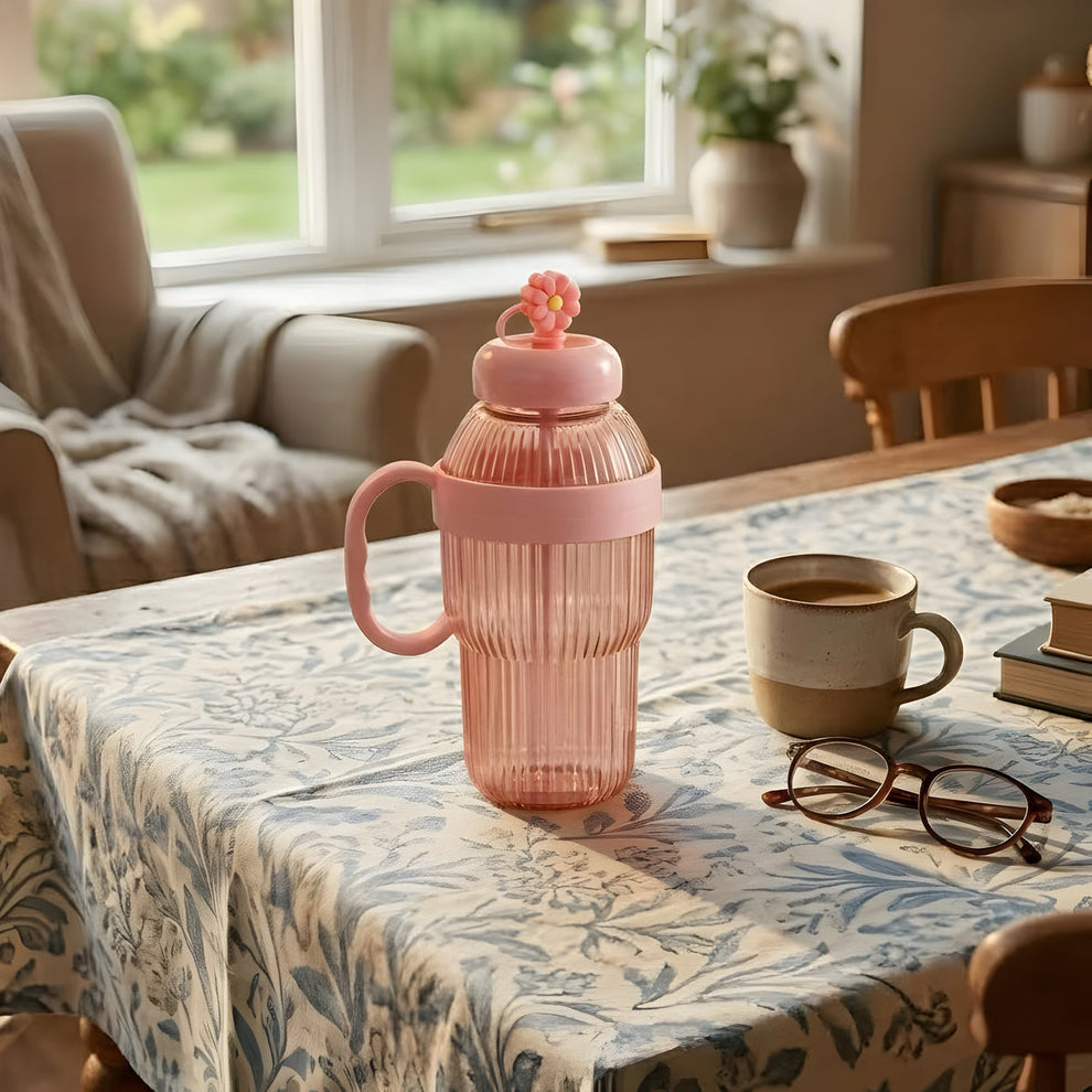 BloomSip Ice Effect Straw Bottle – Aesthetic Ribbed Tumbler with Silic ...